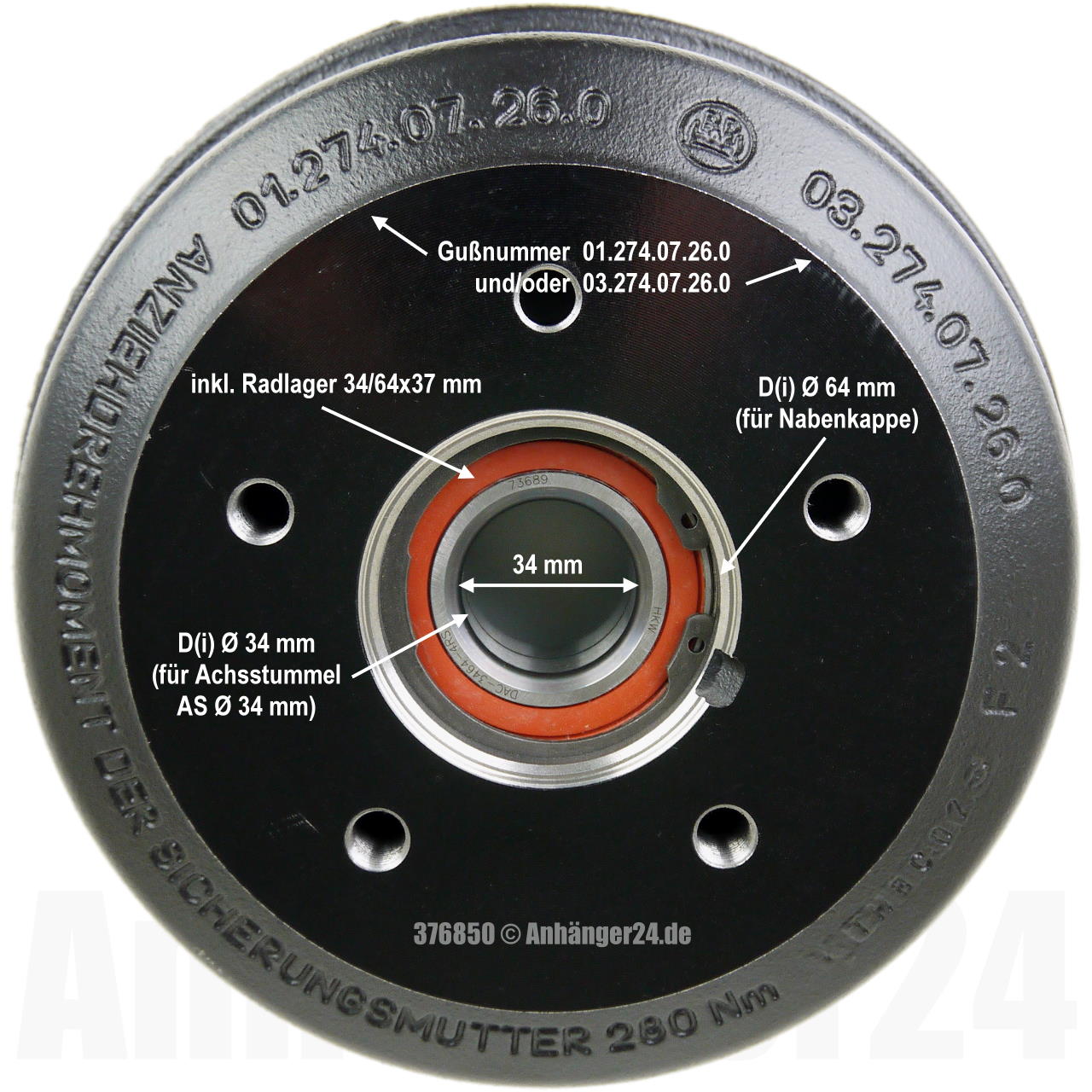 BPW Brake Drum 5 Stud 200x50 - 64mm Bearing - S2005-7 RASK- BPW Brake ...